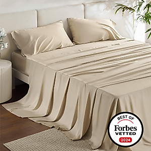 Bedsure King Size Sheet Set, Cooling Sheets King, Rayon Derived from Bamboo, Deep Pocket Up to 16", Breathable & Soft Bed Sheets, Hotel Luxury Silky Bedding Sheets & Pillowcases, Beige
