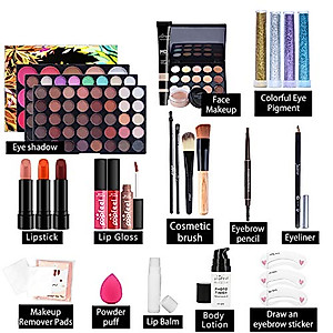 Pure Vie All-in-One Holiday Gift Surprise Makeup Set Essential Starter Bundle Include Eyeshadow Palette Lipstick Concealer Blush Mascara Eyeliner Face Powder Lipgloss Brush - Full Makeup Kit for Women