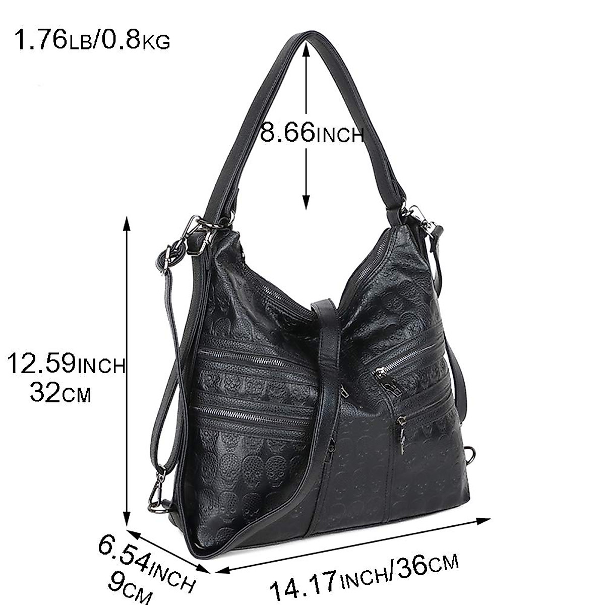 Chikencall Over-size Skull Print Bucket Bag or Women 3 Ways Multifunction Backpack Shoulder Bag Vegan Leather Punk Rock Large Crossbody Bag Black-Skull-print