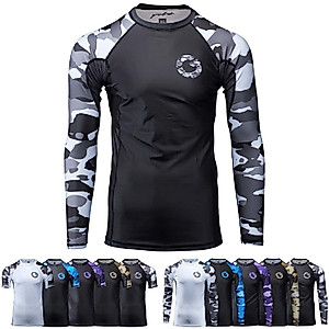 Gold BJJ Jiu Jitsu Rashguard - Camo Long Sleeve Rash Guard Compression Shirt for No-Gi, Gi, & MMA (Black Camo, M)
