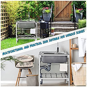 Commercial Utility Sink 304 Stainless Steel Free Standing Camping Sink with Faucet Storage Shelve,Outdoor Kitchen Washing Station for Garage Farmhouse