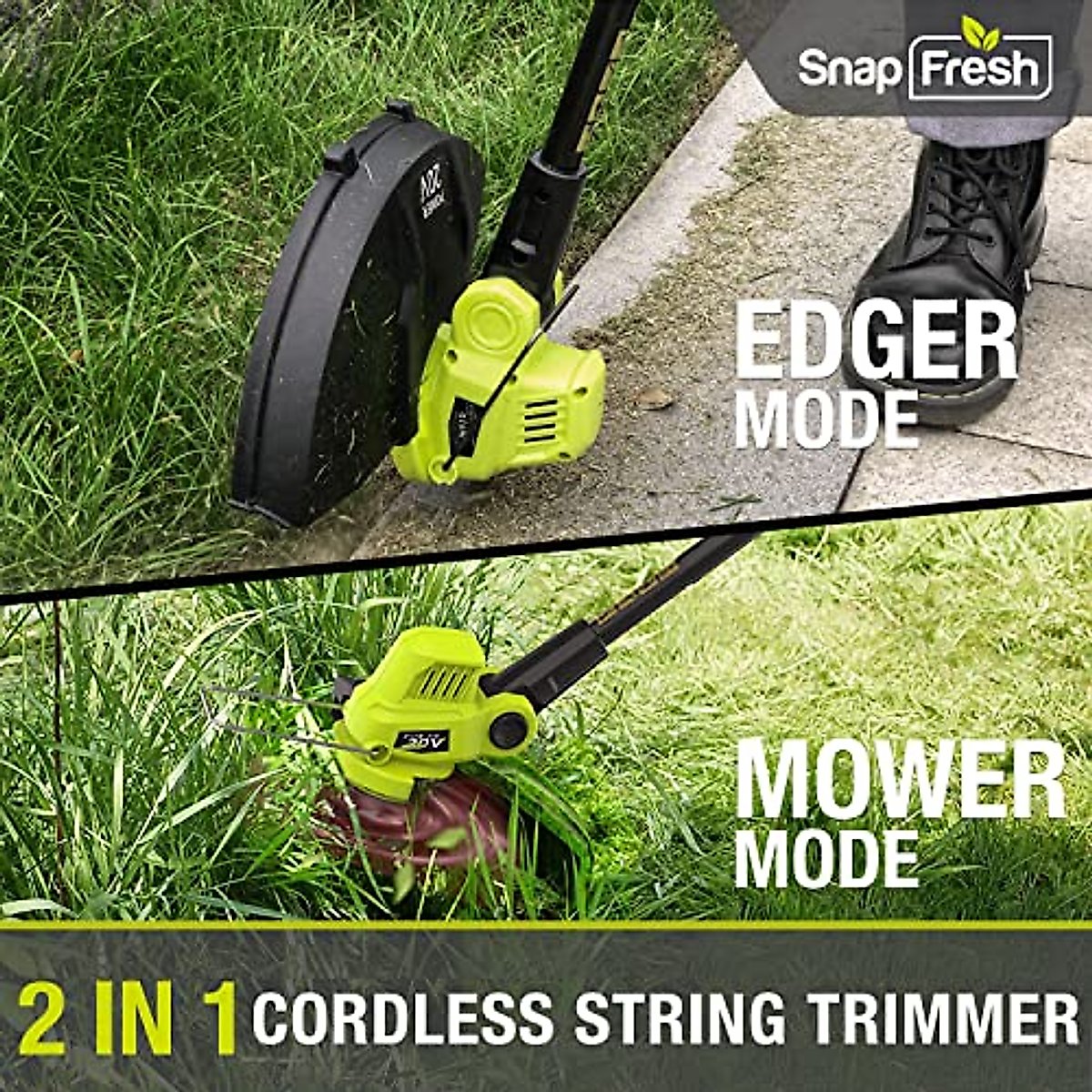SnapFresh Battery Operated Lawn Trimmer, 20V Line String Trimmer with 13 ft 0.065” Trimmer Line Replacement Spools, 2.0Ah Battery, Fast Charger (Cordless String Trimmer)