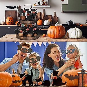 Pinkunn 6 Pcs Halloween Wood Decors with Pumpkin Black Cat Silhouette Decor Wooden Tiered Tray Sign for Home Table Mantel Party Centerpiece