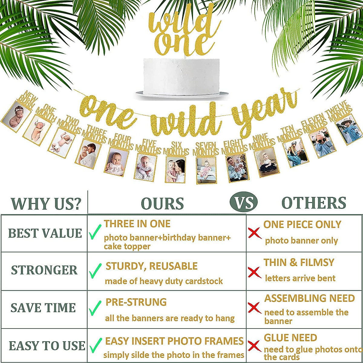 Wild One Birthday Decorations - Gold Glitter One Wild Year Banner + Baby 1st Birthday Photo Banner From Newborn to 12 Month - Safari, Jungle & Wild One Birthday Decorations