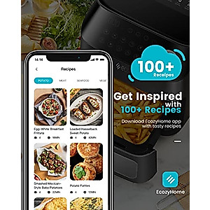 ecozy Air Fryer 6 Quart with See-Through Window Smart WiFi (100 Recipes), 11 Presets+ One-Touch Recipe Function, Dishwasher Safe, Black