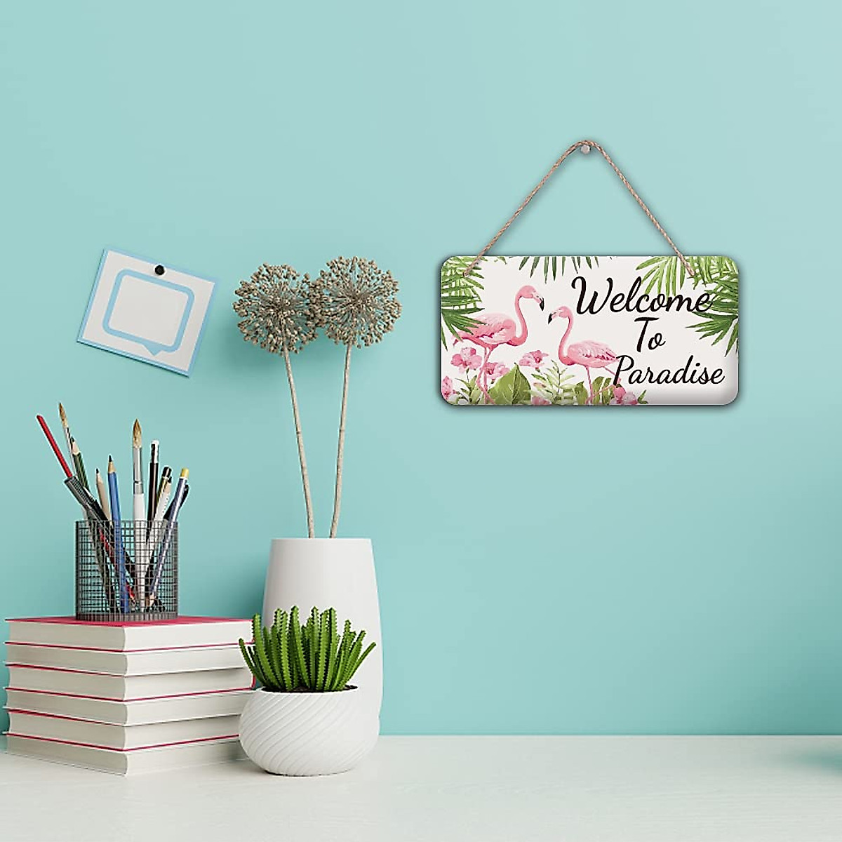 SUPERDANT 2Pcs Wood Door Hanging Sign Plaque Welcome to Paradise Flamingo Hanging Decorative Wood Welcome Sign for Home Front Door Decoration Farmhouse Porch Garden Yard 30x15cm