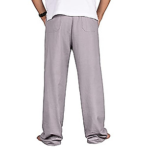Men's Drawstring Loose Linen Beach Pants Lightweight Elastic Waist Yoga Lounge Cotton Trousers Pajamas (Grey, Large)