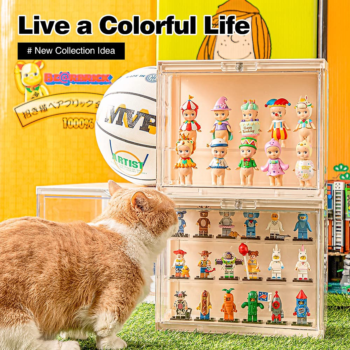 GOTO 2Packs Clear Assemble Display Boxes, Display Storage Cases, Stackable Show Cases for Pop Mart, Action Figures, Lego, Collectibles, Toys, Cosmetics (2 Boxes with 4 Partitions)