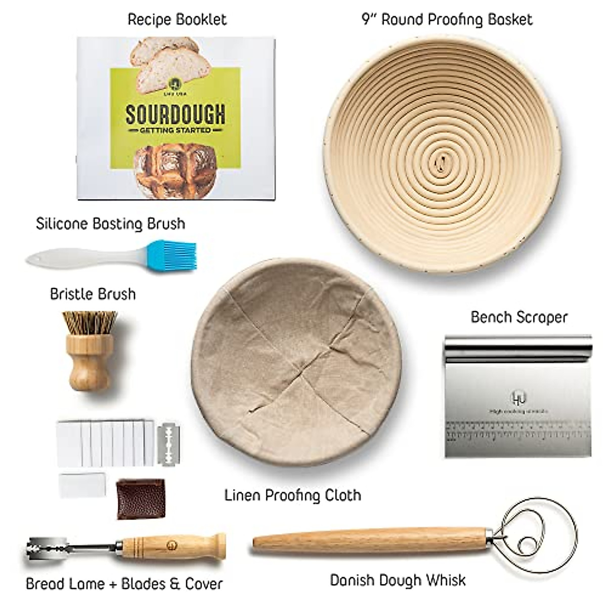 Sourdough Start Kit - Sourdough Bread Baking Supplies with Banneton Bread Proofing Basket Bowl, Cloth, Whisk, Bread Lame, Dough Scraper, 2 Brushes - Sourdough Starter Kit Bread Making & Baking Tools