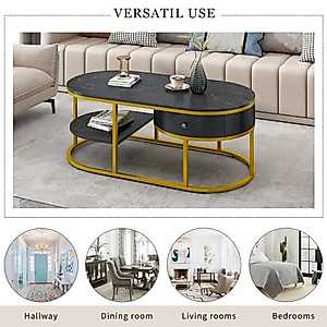 Wekity Modern Marble Golden Coffee Table, Metal Frame with Drawers & Shelves Storage for Living Room (Black)