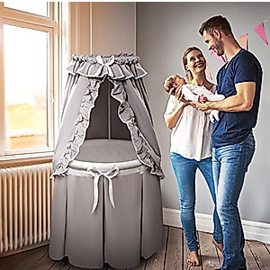 Empress Round Baby Bassinet with Bedding, Pad, and Storage