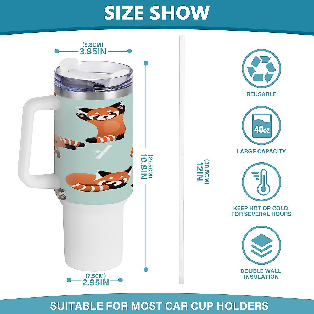Blueangle 40 oz Cute Red Panda Tumbler with Handle and Straw Lid, Insulated Cup Reusable Stainless Steel Water Bottle Travel Mug（739）