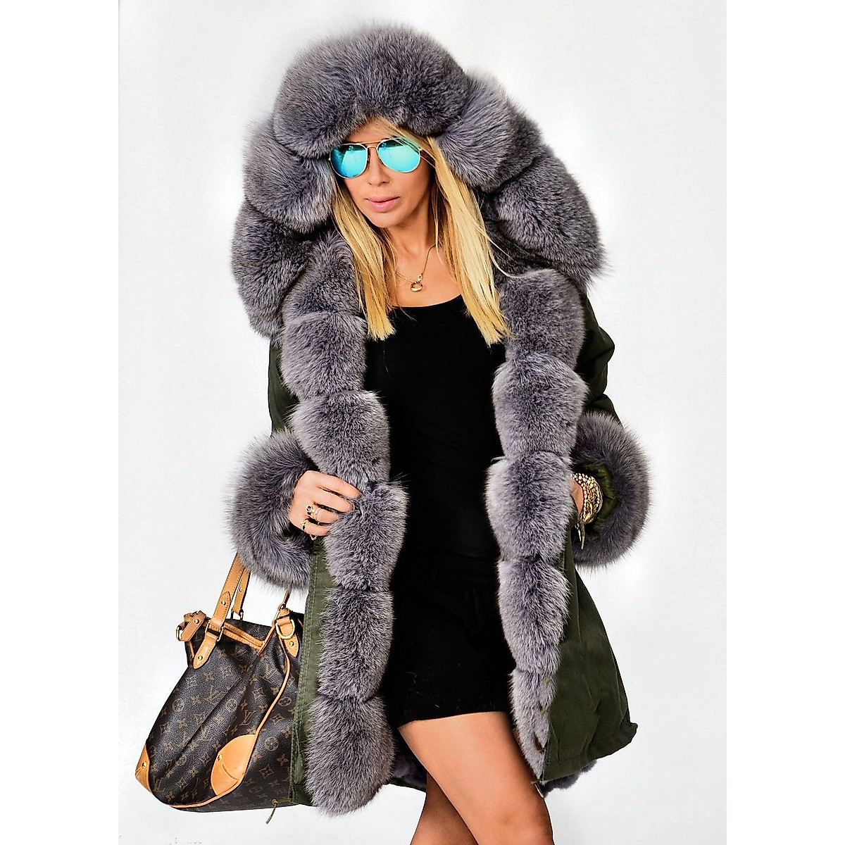 Roiii Women Thicken Warm Winter Coat Hood Down Parka Faux Fur Outdoor Overcoat Long Jacket Outwear