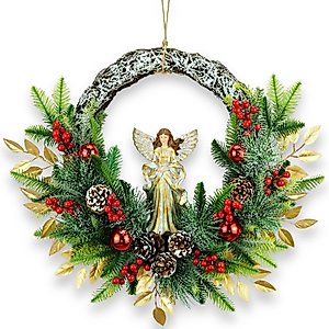 24" Angel Christmas Wreath, Artificial Holiday Wreath with Resin Angel Statue, Natural Rattan Ring & Pine Cones, Golden Leaves, Red Baubles, Spruce Branches, Snowy Pine Needles (Angel)