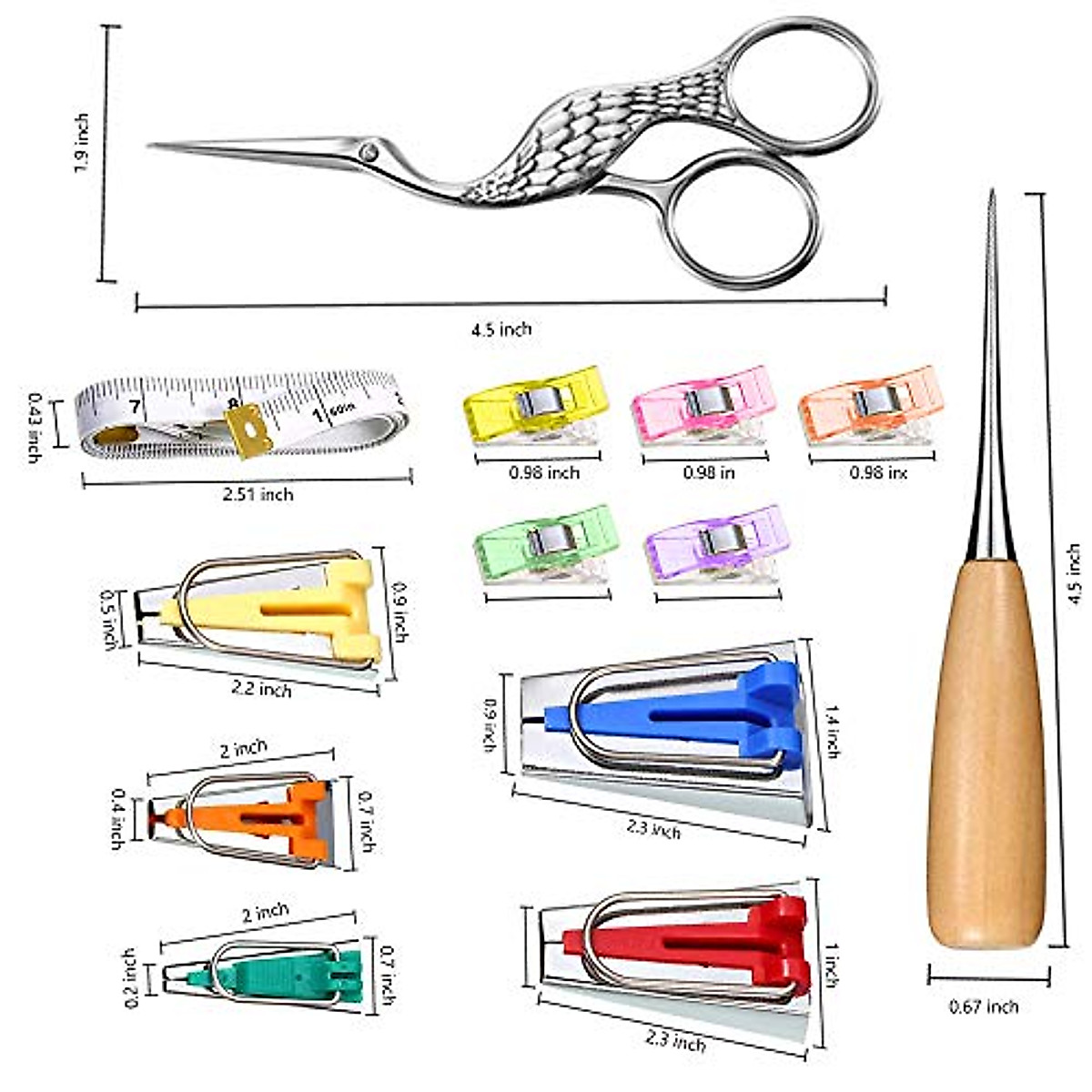 Neo LOONS Bias Tape Maker Set, Sewing Fabric Bias Tape Maker Tool Kit 6MM 9mm 12MM 18MM 25MM with 5 Pieces Cloth Clips, Awl, Sewing Craft Scissor & Soft Tape Measure Tool for Quilt Binding