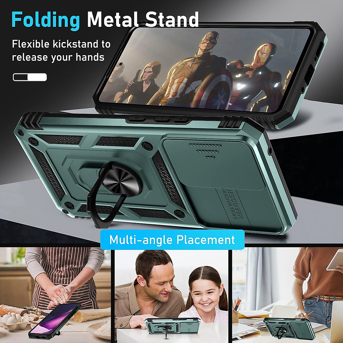 Janmitta Compatible with Galaxy A54 5G Case Built in Slide Camera Lens Cover and Screen Protector,Heavy Duty Shockproof Phone Cover,Built in Ring Stable Holder Kickstand,2023 Dark Green