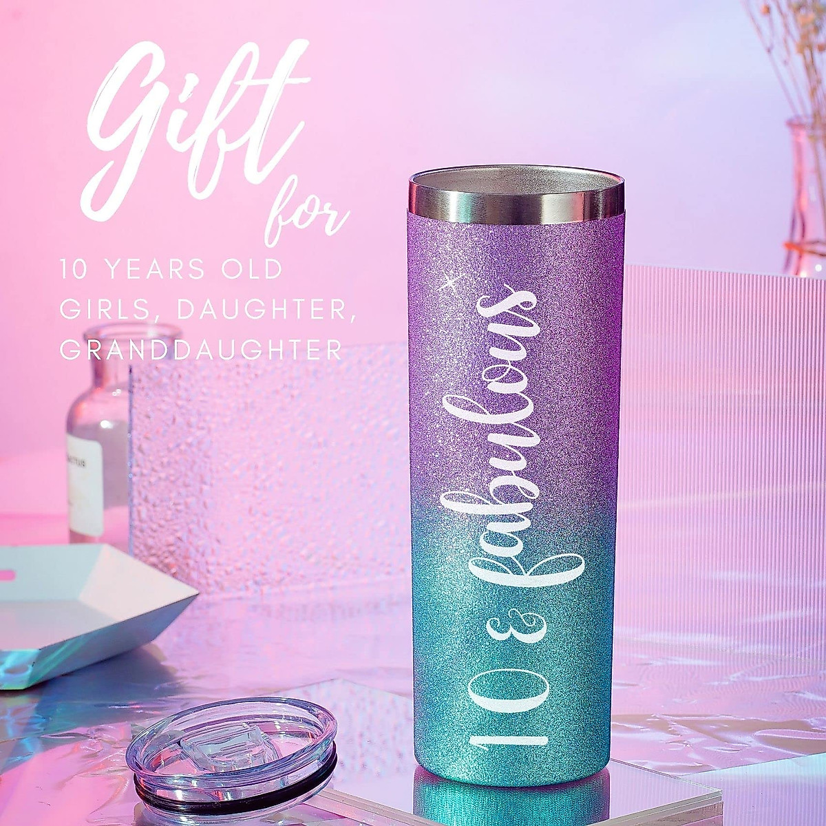 Onebttl Birthday Gifts for 10 Year Old Girls, 10 & Fabulous, 20OZ Stainless Steel Insulated Skinny Tumbler, Best Gift for 10th Birthday for Daughters, Granddaughters, Nieces, Glitter Blue & Purple