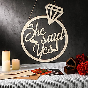 Youyole She Said Yes Wooden Sign 13.78'' x 11.22'' Diamond Ring Wood Cutout Sign Wedding Engagement Party Decorations Photo Booth Props with Hanging Rope Bridal Shower Rustic Engaged Hanging Sign