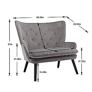 Dolonm Accent Chair Velvet Small Loveseat Tufted Button Wingback Armchair Modern Mid Century Settee Loveseat with Solid Wood Legs for Living Room Bedroom Reading Waiting Room (Silver)