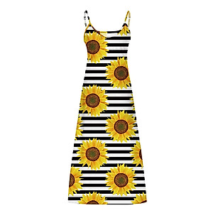Cnebo Women's Ladies Loose Sunflower Printed Dress Sleeveless V-Collar Long Dress Maxi Dress Swing Long Dress Homecoming