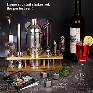 Bartender Kit, 26-Piece Stainless Steel Bartender Kit with Stylish Bamboo Stand Home Cocktail Shaker Set Bar Set with Bar Mixer Best Bar Kit for Beginners