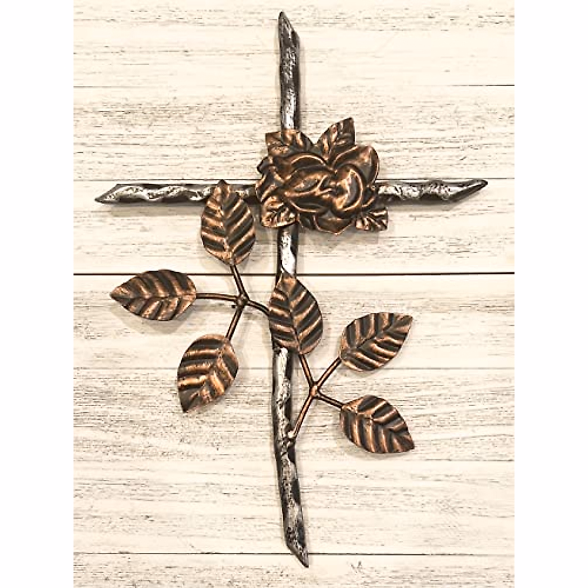 Top Brass Decorative Floral Wall Cross - Welded Wrought Iron - Leaves, Branches and Flowers Religious Metal Art Sculpture - Antique Silver/Copper Finish (Leaves and Rose)