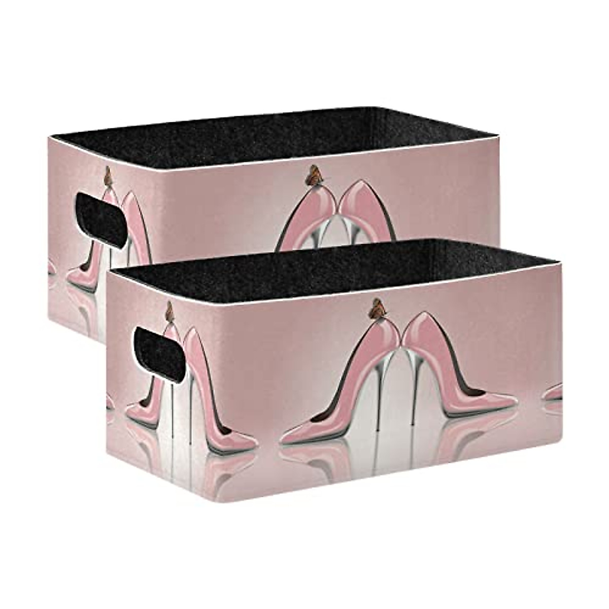 Oyihfvs Elegant Pink High Heel Shoes with Butterfly 2 PCs Collapsible Storage Bins Baskets, Foldable Felt Fabric Organizer Cube Boxes Storage Bags for Shelves Closet Home Decor