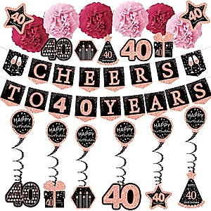 40th birthday decorations for women - (21pack) cheers to 40 years rose gold glitter banner for women, 6 paper Poms, 6 Hanging Swirl, 7 decorations stickers. 40 Years Old Party Supplies gifts for women