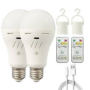 MXhme Rechargeable Light Bulbs with Remote Control,700lm,2600mAh Battery Emergency Light Bulb for Power Outage and Camping Outdoor, 3 Level Dimmable, 3000K/4000K/6000K, 50 Watt Equivalent,2Pack