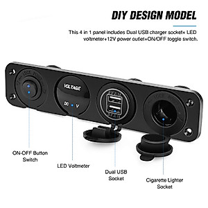 Nilight 4 in 1 ON/OFF Charger Socket Panel Dual USB Socket Power Outlet & LED Voltmeter &Cigarette Lighter Socket& LED Lighted ON Off Rocker Toggle Switch for Truck Car Marine Boats RV,2 Yeas Warranty