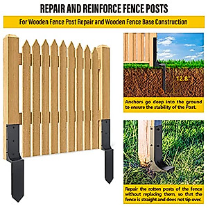 Epcee Heavy Duty Steel 4"x4" (Actual 3.6"x3.6") Fence Post Repair Kit, Fence Post Anchor Ground Spike, for Wooden Fence Post Repair and Wooden Fence Base Construction (2 Pack/Black）
