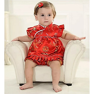 FANCYKIDS Girls Chinese New Years Traditional Qipao Cheongsam Dress Shorts Outfit Set (RedCircle, 6-12 Months)