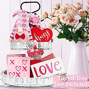 Boribim Valentines Day Decor - Valentines Day Tiered Tray Decor, XO Love Hugs Wooden Signs Cute Gnomes Plush with Bead Garland - Farmhouse Rustic Tiered Tray Items Decorations for Home Room Table
