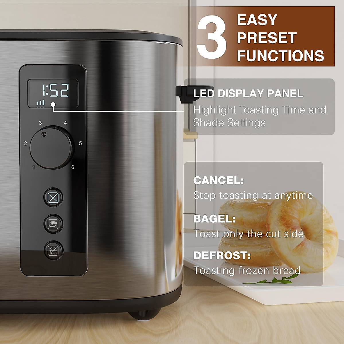 Anfilank Extra Wide Slot 2-Slice Toaster with Digital Countdown Timer, Stainless Steel, 6 Browning Settings, Built-in Warming Rack, Cancel/Bagel/Defrost Functions