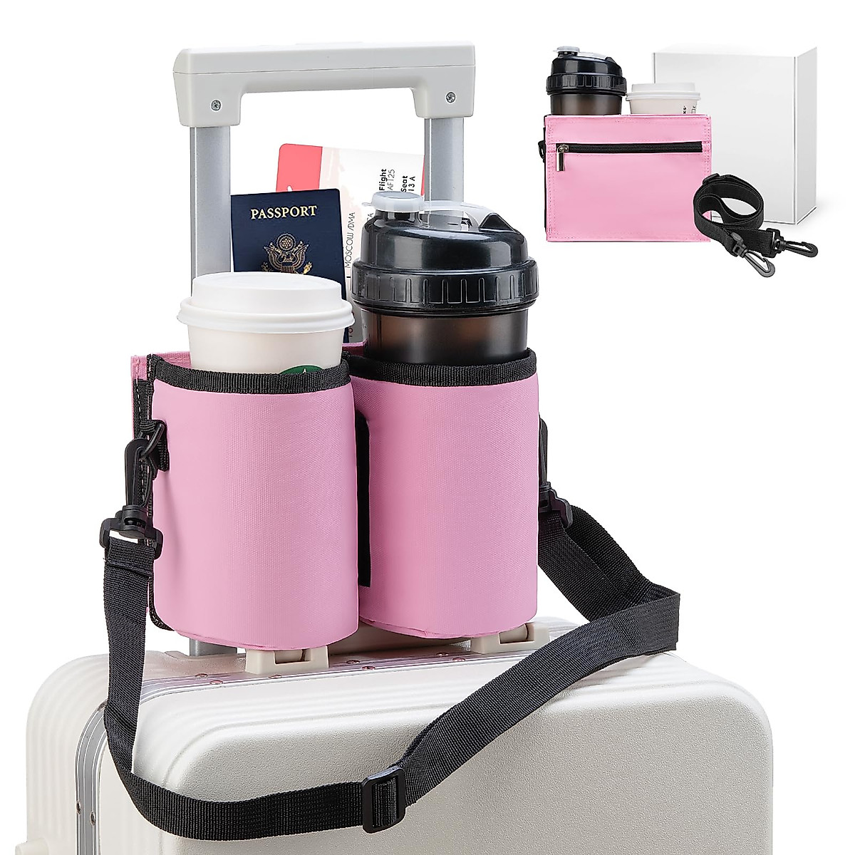 Luggage Cup Holder Travel Drink Bag Luggage Drink Caddy with Shoulder Strap, Thermal Insulation and Zipper Pocket, Travel Accessories Gifts for Flight Attendants, Fits Roll on Suitcase Handles (Pink)