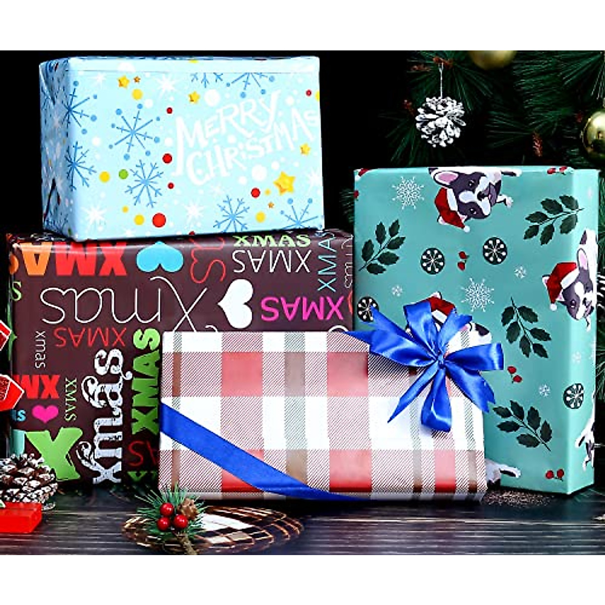 AUCLAY Christmas Wrapping Paper Sheets for Holiday Thanksgiving - Xmas Gift Wrap 4 Designs Red/Green Plaid, Snowflakes, Love, Dogs - Pack of 12, Folded Flat, 20 Inch X 29 Inch Per Sheet