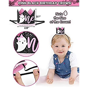 Pink Halloween 1st Birthday Party Decorations Spooky One High Chair Banner Boo Cake Topper Ghost Crown Hat White Black Bat Balloons for Baby Girl Souvenir Gifts Cake Smash Photo Prop Backdrop Supplies