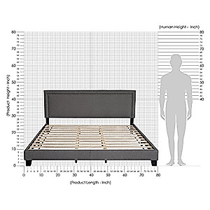 Furinno Laval Double Row Nail Head Upholstered Platform Bed Frame, King, Stone