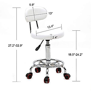 SSLine Rolling Salon Stool White Leather Adjustable Tattoo Stools on Wheels Hydraulic Swivel Office Drafting Chair with Back Modern Comfortable Dental Chairs Kitchen Bar Chairs