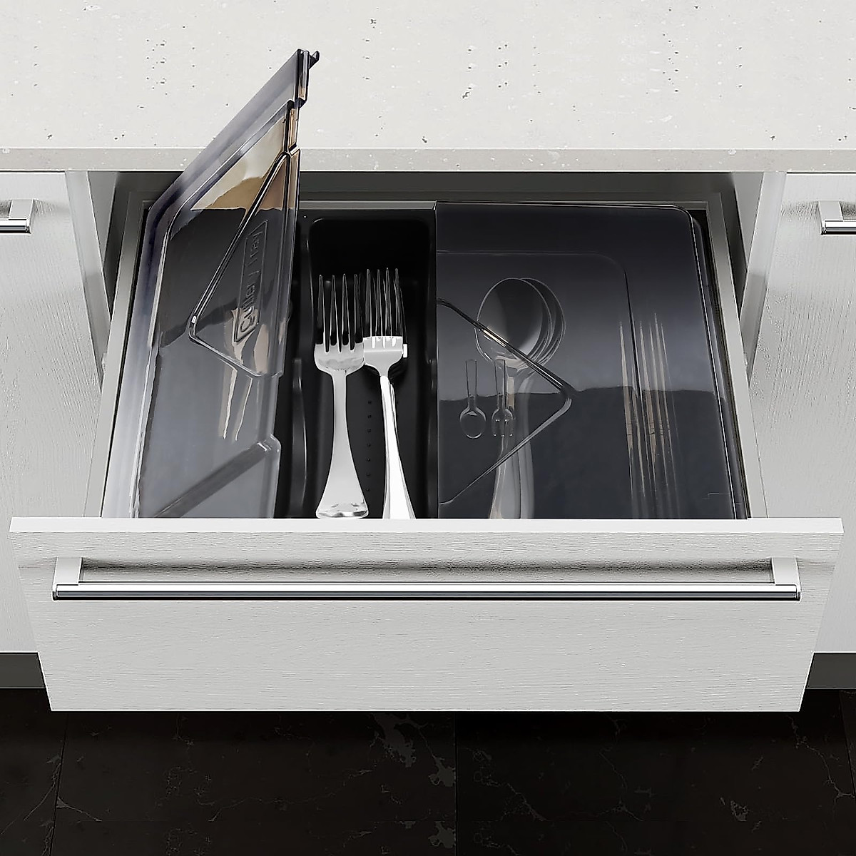 Loobuu Utensil Drawer Organizer with Lids, Silverware Tray for Kitchen Drawers, Plastic Cutlery Organizer in Drawer, 5 Compartments Flatware Organizer Tray for Kitchen and Office Drawer Storage