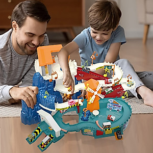 Likrolwe Boys Race Track Sets, Toy Car Ramp Track Climbing Hills Adventure Toy Vehicle Playsets with 4 Mini Cars and Garage, Race Track for Boys Age 4-7