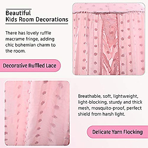 Kids Bed Canopy for Girls, Pink Crib Canopy Princess Hanging Children Canopy Tent, Toddler Girl Canopy Bed Netting for Baby Room Bedroom Reading Nook, Macrame Lace Boho Nursery Canopy with Pom Pom