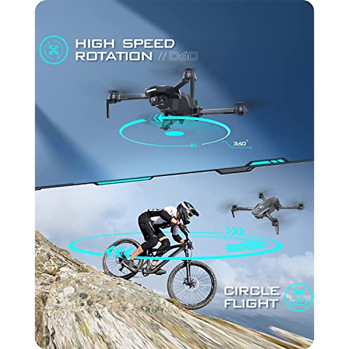 DEERC D60 Drones with Camera for Adults, Kids, FPV 1080P HD Video, Long Battery Life, Gravity Sensor, Foldable, Hobby RC Quadcopter, Suitable as Gifts for Boys, Girls, Beginner Adults, 1 Piece, Black