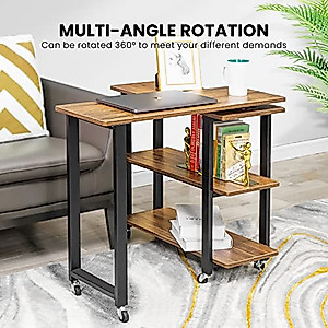 VIVOHOME Sofa Side Table 360° Rotating Mobile End Table Movable Laptop Table with 2 Tiers Storage Shelves 6 Universal Casters for Home Office