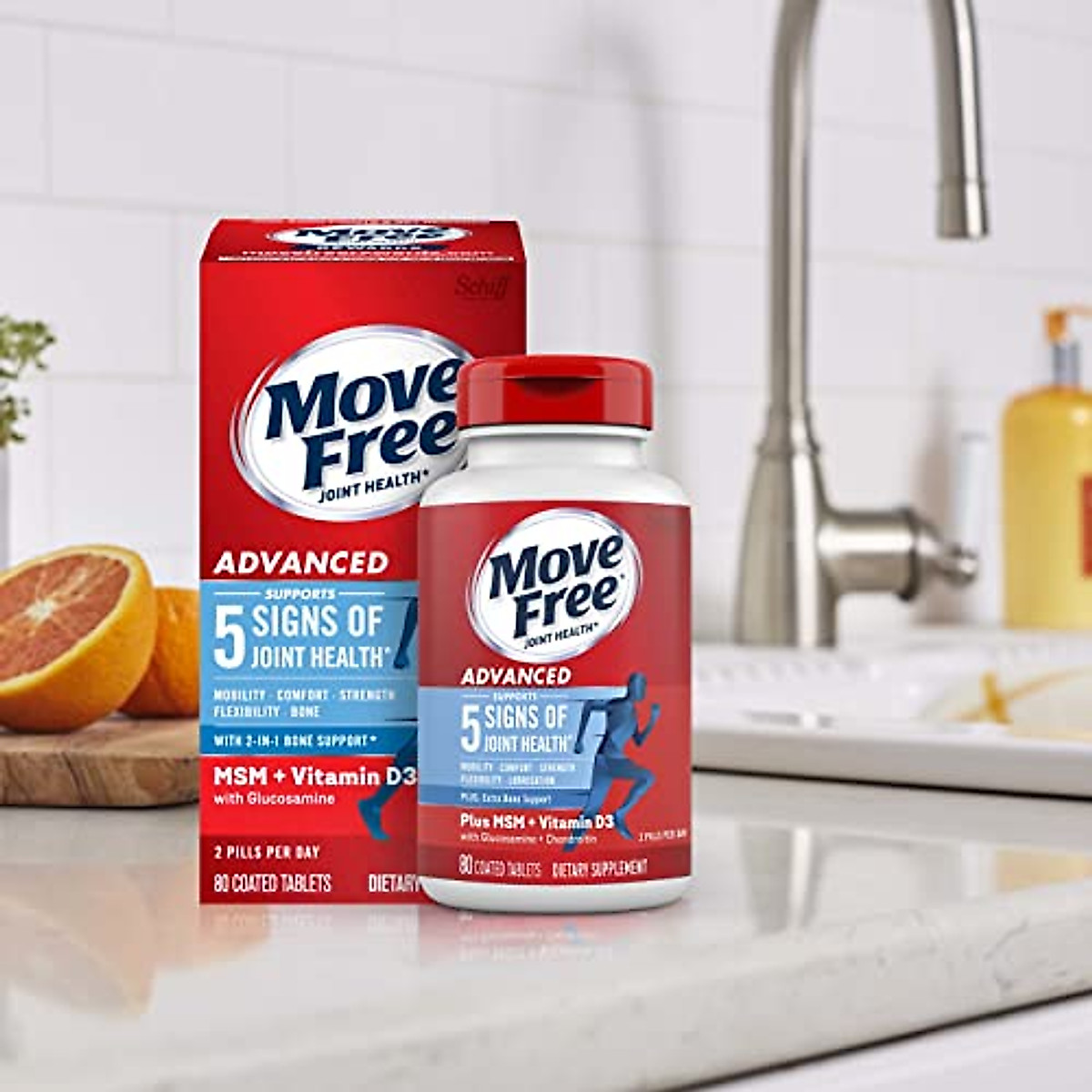 Glucosamine Chondroitin MSM & Vitamin D3 Joint Health Supplement, Move Free Advanced Joint Support Tablets For Men & Women (80cnt box), With Vitamin D3 To Support Bone & Immune Health