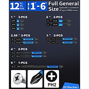 12-Pack 2 Phillips Bits, Professional CNC Anti-Slip Phillips Impact Driver Bits #2, 1 IN to 6 IN Long Screwdriver Bits, Phillips Head Drill Bits S2 Alloy Steel, Magnetic Phillips Bit, Ph2 Bits
