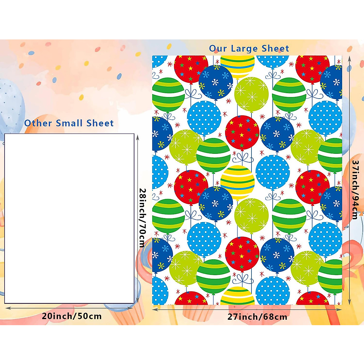 BOLIANNE Birthday Wrapping Paper for Boys Girls Kids Men Women - Gift Wrapping Paper with Balloon 'Happy Birthday' Candles, 6 Large Sheets Gift Wrap for Holiday Party, Folded Flat, 27 X 37 Inch
