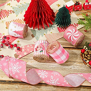 AnyDesign 30 Yards Christmas Wired Edge Ribbon 2.5 Inch Pink White Checkered Snowman Snowflake Craft Ribbon Gold Glitter Wired Fabric Ribbon for Wrapping DIY Bow Wreath Crafts Making, 5 Rolls