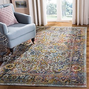 SAFAVIEH Crystal Collection Area Rug - 7' Square, Light Blue & Orange, Boho Chic Oriental Distressed Design, Non-Shedding & Easy Care, Ideal for High Traffic Areas in Living Room, Bedroom (CRS504A)