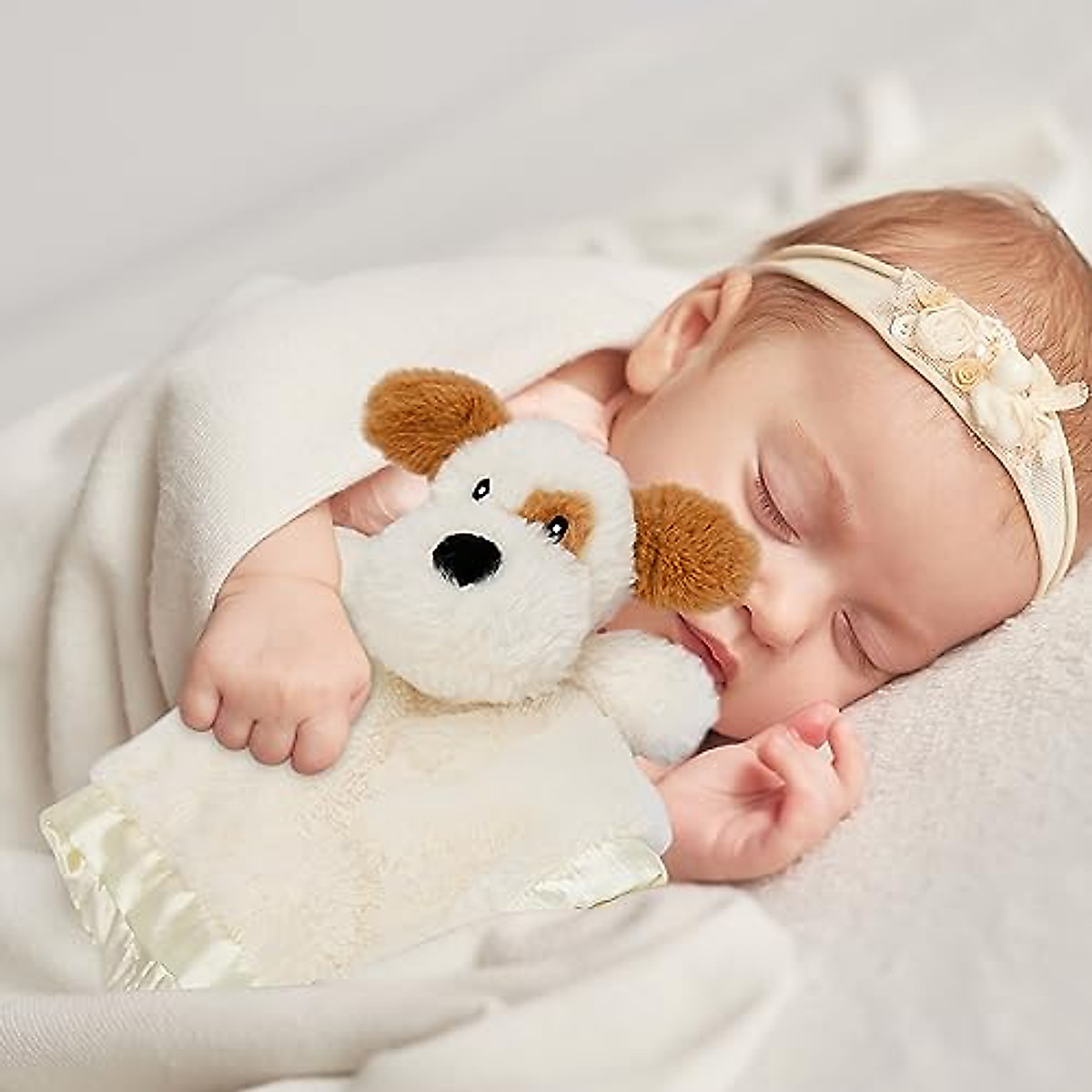 BEILIMU Dog Security Blanket Soft Lovey Baby Stuffed Animal with Satin Backing for Newborn Boys and Girls, Lovely Unisex Puppy Snuggle Toy, Khaki 14 Inch